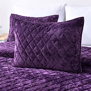 Fredsure Distressed Velvet Quilt Set, 3 Pieces Purple Queen, Distressed Velvet Face and Brushed Microfiber Reverse with Diamond Quilting