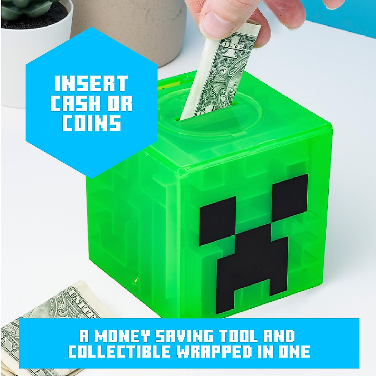 Paladone Minecraft Creeper Maze Safe, Complete The Maze to Unlock Money, Fun Minecraft Block Collectible Toy and Piggy Bank for Kids, Comes with Decorative Stickers