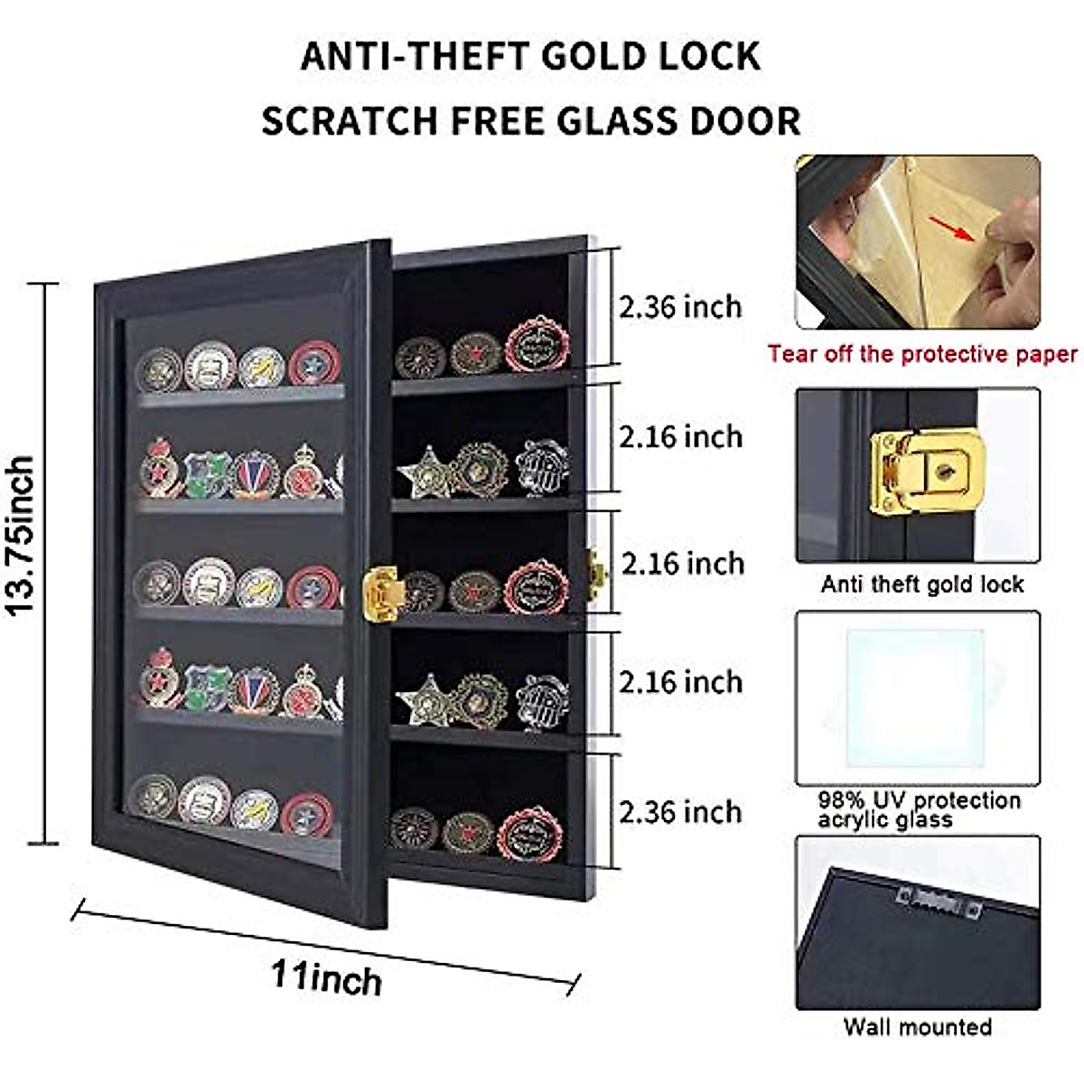 Jinchuan Military Challenge Coin Display Case Lockable Cabinet Rack Holder Shadow Box with Removable 2 Grooves Shelves and Anti Fade Acrylic Glass Door for Casino Poker Chips Collectibles Black