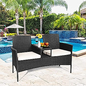 HAPPYGRILL Patio Rattan Loveseat Outdoor Porch Furniture PE Wicker Loveseat with Coffee Table Conversation Sofa with Cushions for Garden Lawn Backyard Poolside