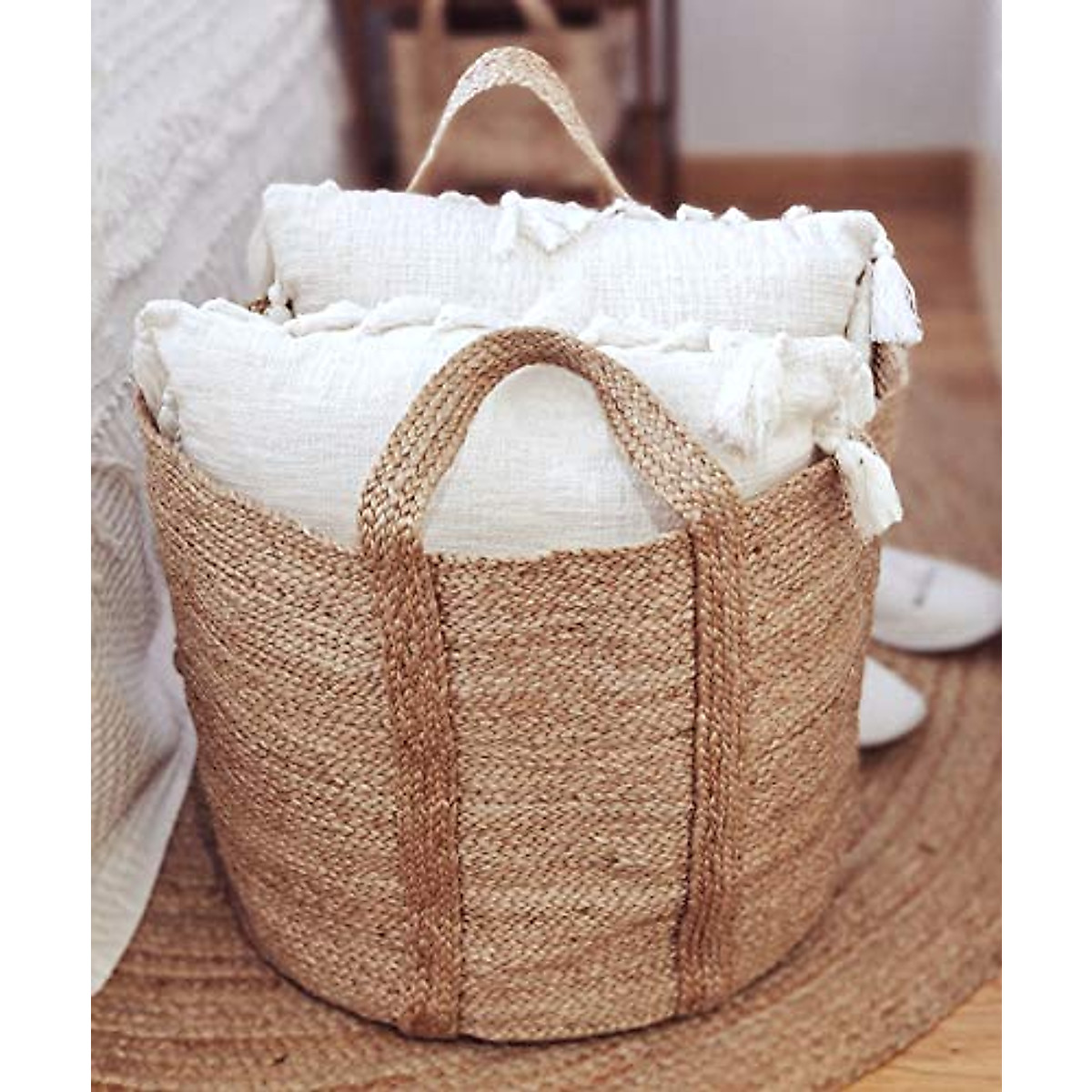 GooBloo Large Woven Storage Basket 100% Jute - 20” x 16” Tall Decorative Jute Rope Basket for Living Room, Toys or Blankets - Wicker Baskets with Handles - Handmade Natural Laundry Hamper