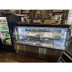 Evedy L Display Refrigerator, 26.4 Cu. Ft Curved GlassRefrigerator DisplayCase, Commercial Countertop Displaywith Adjustable Shelves, for Pastry Cake Beverage, 70.9” x 32.5” x 45.2”, Black/White