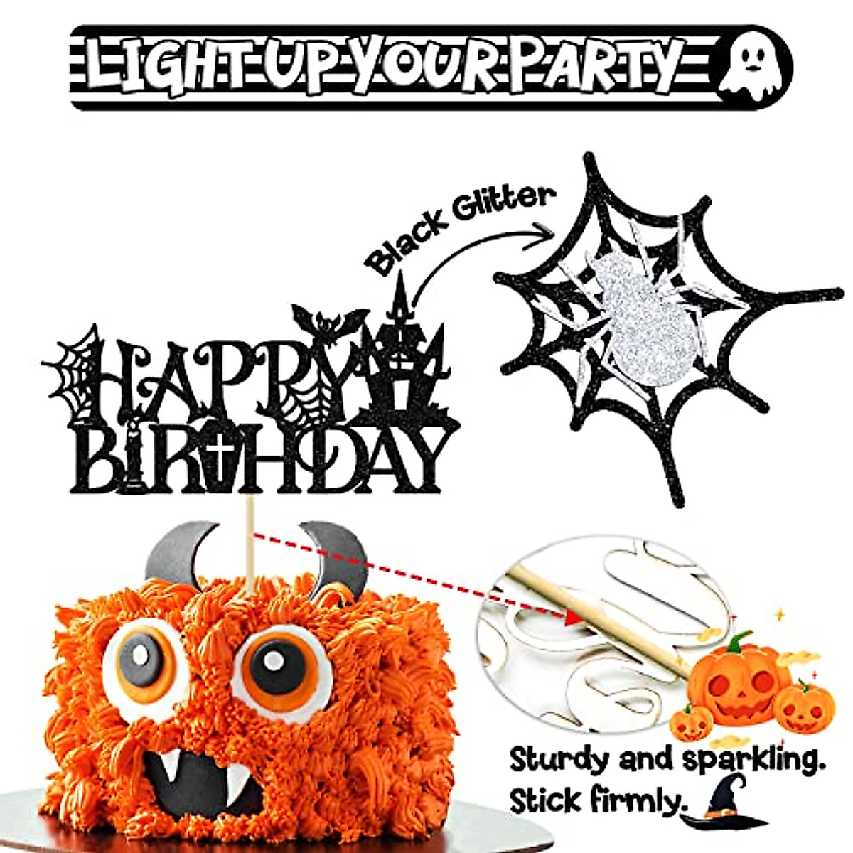 Black Glitter Halloween Happy Birthday Cake Topper, Birthday Witch/Rip Twenties, Halloween Themed Birthday Party Decorations