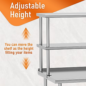 HOCCOT Stainless Steel Double Overshelf 12''x48'' Commercial Double Tier Shelf for Prep & Work Table, Adjustable Height 2 Tier Deck Shelf Load 360lb for Kitchen, Home, Restaurant and Storage Room