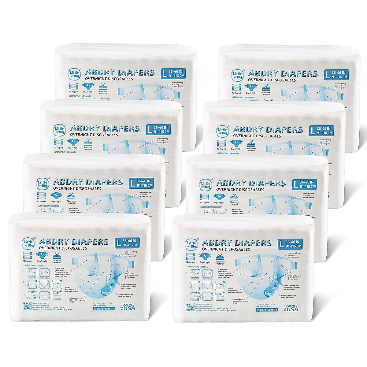 Littleforbig Adult Diaper 80 Pieces (8 Packs) - ABDry New White Diapers(L)