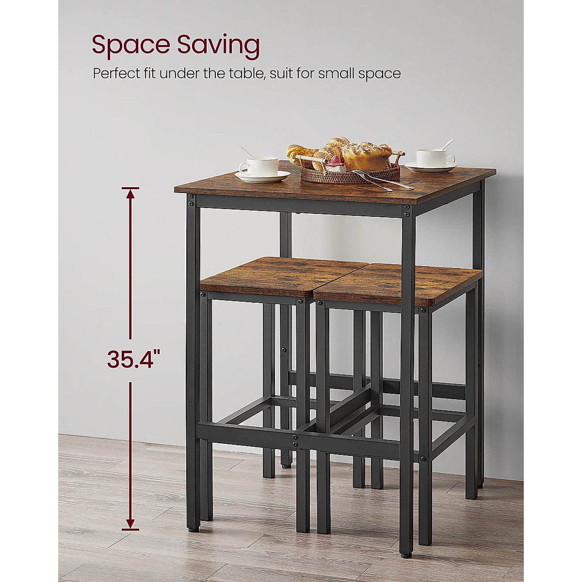 VASAGLE Bar Table and Chairs Set, Square Bar Table with 2 Bar Stools, Dining Pub Bar Table Set for 2, Space Saving for Kitchen Breakfast, Living Room, Party Room, Rustic Brown and Black