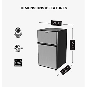 Honeywell 3.1 Cu Ft Mini Fridge with Freezer, Double Door, Low noise, Compact Refrigerator for, Office, Dorm Adjustable Temperature, Stainless Steel