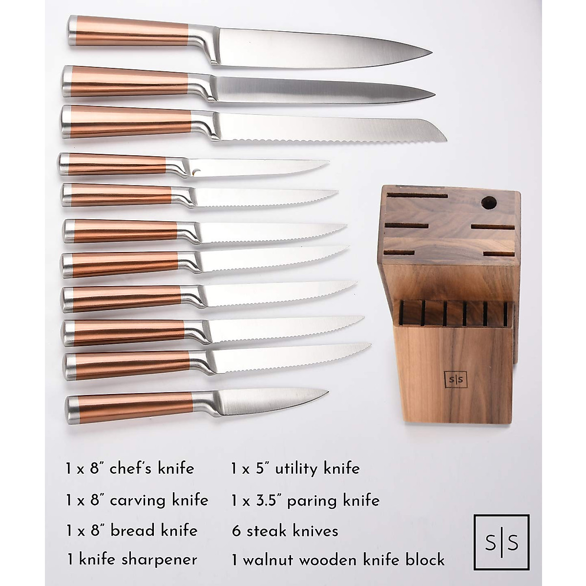 Copper Knife Set with Walnut Knife Block - Premium 13 PC Stainless Steel Knife Sets for Kitchen with Block - Rose Gold Knife Set With Block, Rose Gold Kitchen Accessories & Copper Kitchen Accessories