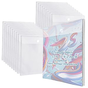 ABuff 30 Pieces 12x12 Inch Scrapbook Paper Storage Organizer with Hook and Loop Closure Plastic Paper Holder Craft Paper Storage for Holding Scrapbook Paper, Vinyl Paper, Photos, Documents, Clear