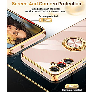 LeYi for Samsung Galaxy A14 5G Case with Tempered Glass Screen Protector [2 Pack] 360° Rotatable Ring Holder Magnetic Kickstand, Plating Rose Gold Edge Protective Case, Pink