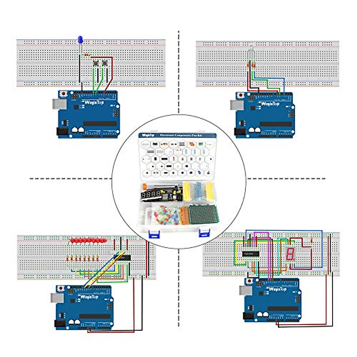 WayinTop Electronics Component Fun Kit w/E-Book, Upgraded Electronic Starter Kit with Breadboard Jumper Wires Kit, PCB Soldering Kit, LEDs & Resisitor Kit for Arduino/for Raspberry pi/ESP32/ESP8266