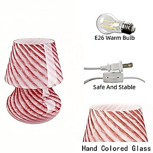 MKolour Mushroom Bedside Table Lamps - Glass LED Bedside Night Lamps, Vintage Small Table Lamps for Bedroom,Living Room,Nightstand,Study (Red Twill)