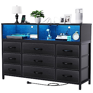 eiskah Black Dresser for Bedroom, 9 Drawers Led Dresser TV Stand with Power Outlets and LED Lights, Long Fabric Dressers Wide Chest of Drawers with Large Organizer for Living Room, Entryway, Hallway