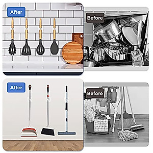 PTYWRTUS Broom Holder, Non Drilling Hole Self-Adhesive Storage Rack Hanger, Anti-Slip Utility Hooks，Mop Holder Wall Mount for Home, Bathroom, Garden, Kitchen, Garage(6Pack) (Transparent+White)