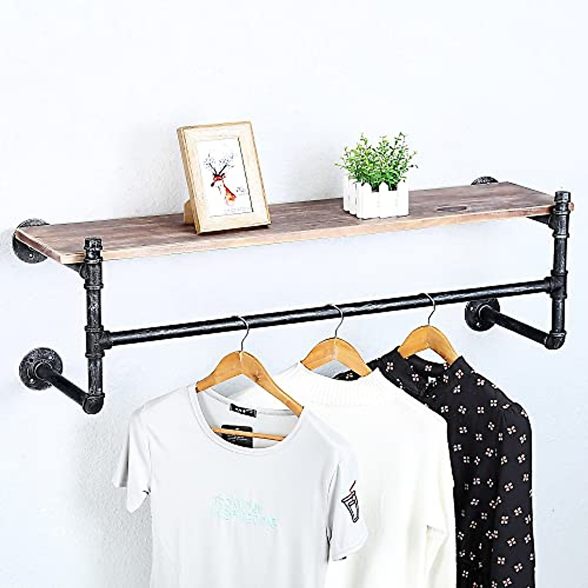 HAOVON Industrial Pipe Clothing Rack Wall Mounted Wood Shelf,Pipe Shelving Floating Shelves,Retail Garment Rack Display Rack Clothes Racks(1 Tier,42in)