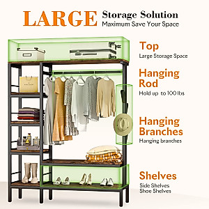 HOKEEPER 650lbs Capacity Heavy Duty Clothing Rack with Shelves Freestanding Closet Organizer with Hooks Metal Wardrobe Closet Organizers and Storage Shelves Clothes Storage Rack