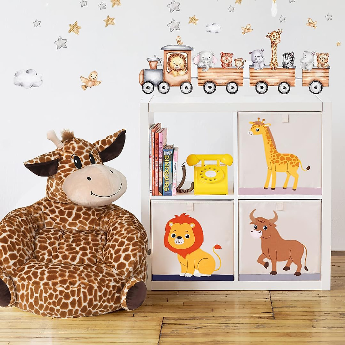 Livememory 13 inch Kids Cube Storage Bins - Foldable Animal Storage Cube for Children Toddler Nursery, 4 Pack (Giraffe, Deer, Bull, Lion)