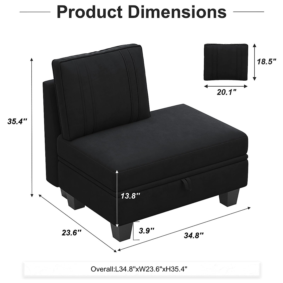 Belffin Velvet Convertible Storage Chaise Ottoman with Back Side for Velvet Sectional Sofa Black