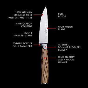 Schmidt Brothers - Zebra Wood 4" Paring Knife, High-Carbon German Stainless Steel Mulitpurpose Kitchen Cutlery