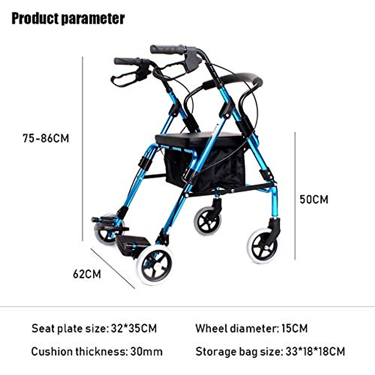 Rollator Walker with Seat - Folding Rolling Walking Aid with 6-inch Wheels - 8-Level Height Adjustable, Load-Bearing 220 Lbs Rolling Walkers/Blue/Shopping Box
