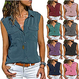 Andongnywell Women's Casual Lapel Sleeveless Cardigan Shirt Pocket Solid Color Summer Buttons Blouse (Pink,8,5X-Large)