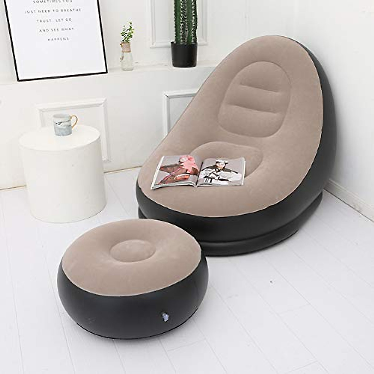 Inflatable Lounge Chair for Adults, Folding Portable Lazy Sofa with Foot Stool Lazy Flocking Recliner Chair Air Couch Sofa for Indoor Livingroom Gaming Bedroom Office Balcony, Outdoor Travel Camping