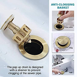 Bathroom Sink Drain with Overflow, Brushed Gold Sink Drain for Bathroom Sink, Universal Stainless Steel Gold Sink Drain, Pop Up Drain Stopper with Detachable Basket
