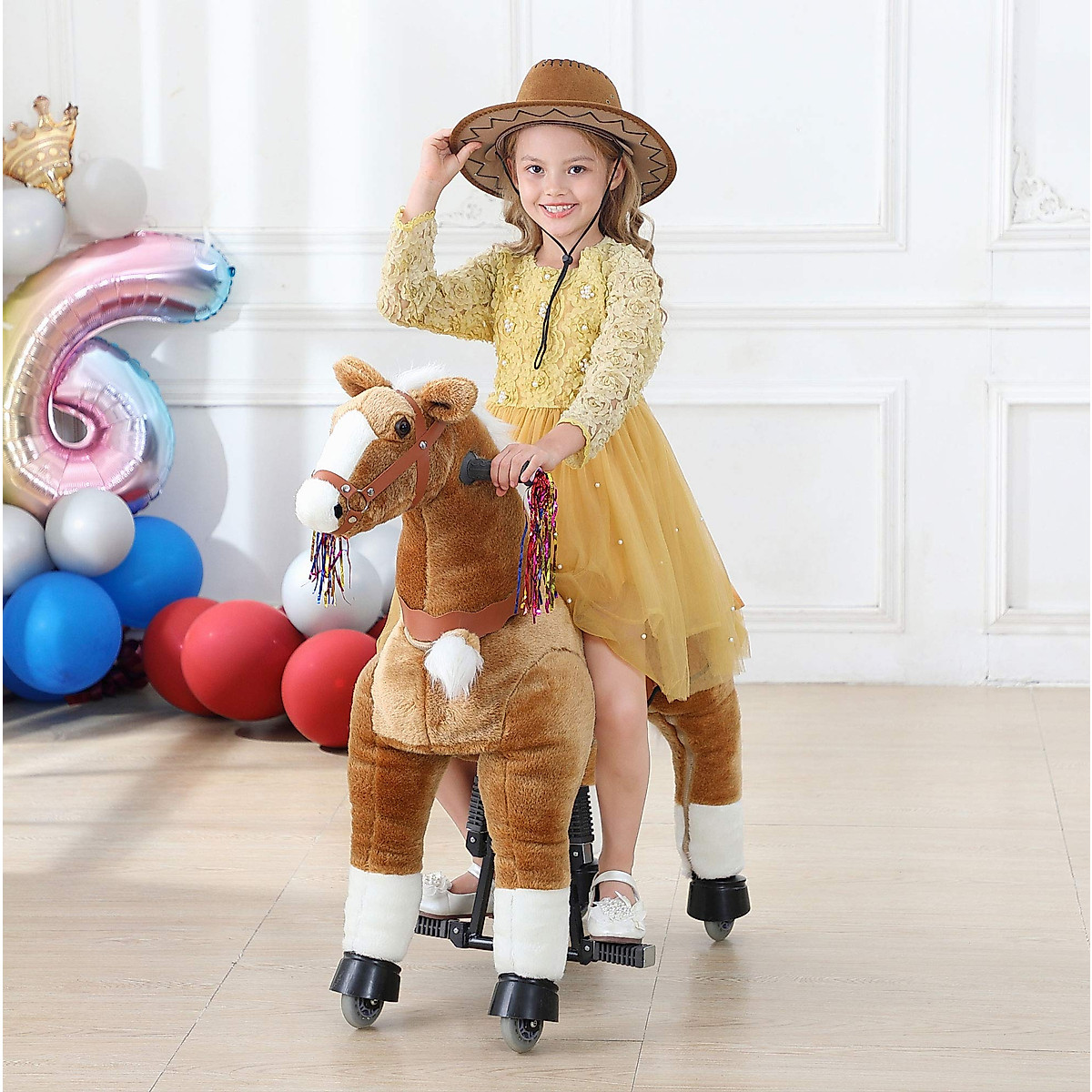 JoJoPooNy Ride on Horse Toy, Kids Ride on Toy for 6-14 Years Old, Premium Riding Horse Plush Animal Toy, Walking Horse Toy with Wheels (36 Inch Height)