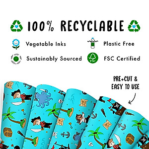 CENTRAL 23 - Pirate Gift Wrap - 6 Sheets of Cool Wrapping Paper for Kids - Pirates Treasure Ship Island - For Boys Girls - Son Nephew Grandson - Blue - Recyclable