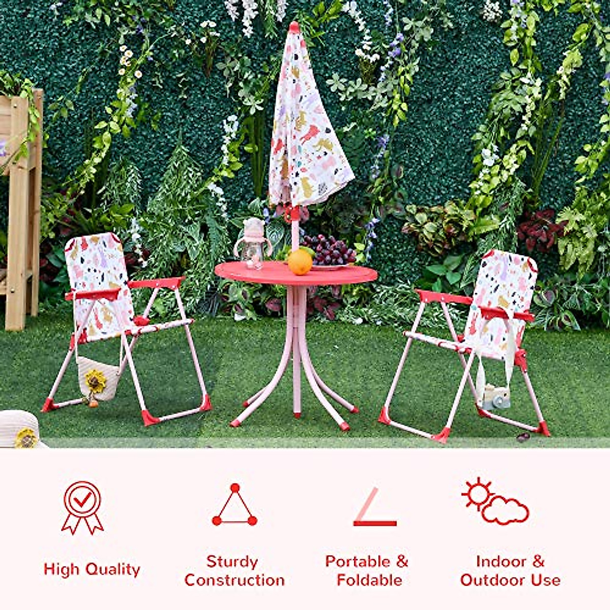 Outsunny Kids Folding Picnic Table and Chairs Set Rabbit Pattern for Outdoor Garden Patio Backyard with Removable & Height Adjustable Sun Umbrella, Red