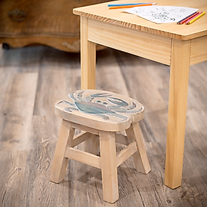 Sea Island Imports Blue Crab Design Hand Carved Acacia Hardwood Decorative Short Stool