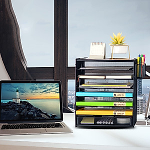 VEESUN Desk Organizer 8-Tier，Paper Organizer Letter Tray With Sliding Drawer And Pen Holder, Desk File Document Organizer Shelf And Sorter, Black For School Home Office