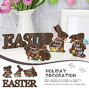 4 Pcs Easter Table Decorations Easter Bunny Signs Wooden Bunny Decor Easter Word Sign Rustic Farmhouse Rabbit Tiered Tray Decor Spring Sign for Home Party Decoration (Flower Bunny Style)