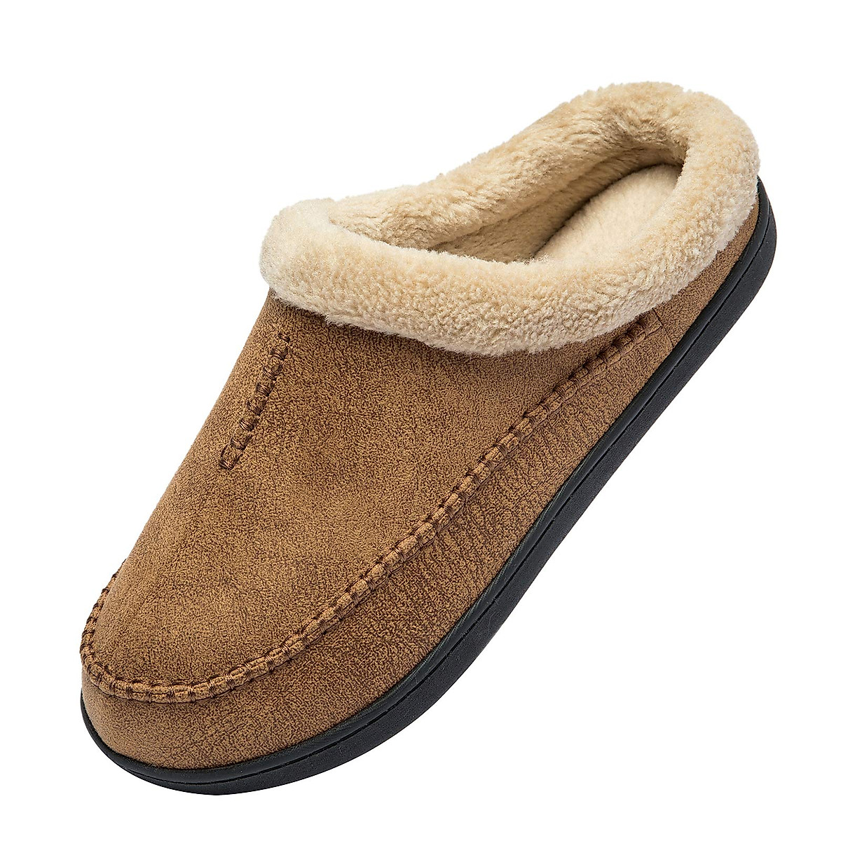 WOTTE Men's Moccasin Slippers Microsuede Fleece Fuzzy Lined Memory Foam House Shoes for Indoor Outdoor Size 9-10 Brown