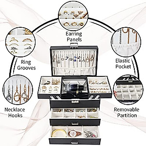 Dajasan Jewelry Boxes for Women Girls, Jewelry Organizer Box, 4 Layers Large Jewelry Storage Organizer for Earring, Ring, Necklace, Bracelets (Black)