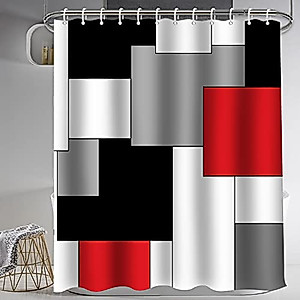 KINUUIS 5PC Geometric Bathroom Shower Curtain Sets,Red Grey Black Bathroom Sets with Rugs and Bath Towels and Accessories,Abstract Shower Curtain Set for Bathroom Decoration