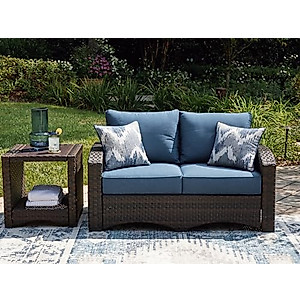 Signature Design by Ashley Windglow Outdoor Loveseat with Cushion Love Seats, 58" W x 31" D x 37" H, Blue & Dark Brown