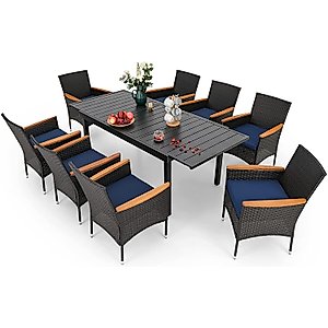 PHI VILLA 9-Piece Outdoor Patio Dining Set for 8, Expandable Rectangular Metal Dining Table & Rattan Cushioned Chairs Furniture Set for Backyard, Deck,