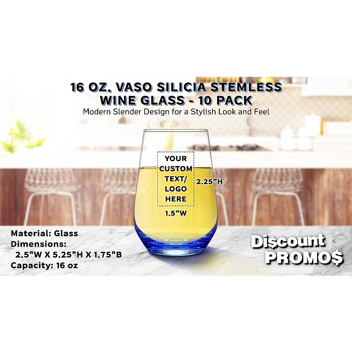 DISCOUNT PROMOS 10 Vaso Silicia Stemless Wine Glasses Set, 16 oz. - Personalized Text, Logo - Clear, Orb-Like, Thick base - Blue