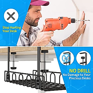 Under Desk Cable Management Tray - 15.7in 2Packs Metal Under Desk Wire Management, High Capacity Adjustable and Removable Cable Management Organizers Holder, No Drill & No Damage, for Office, Kitchens