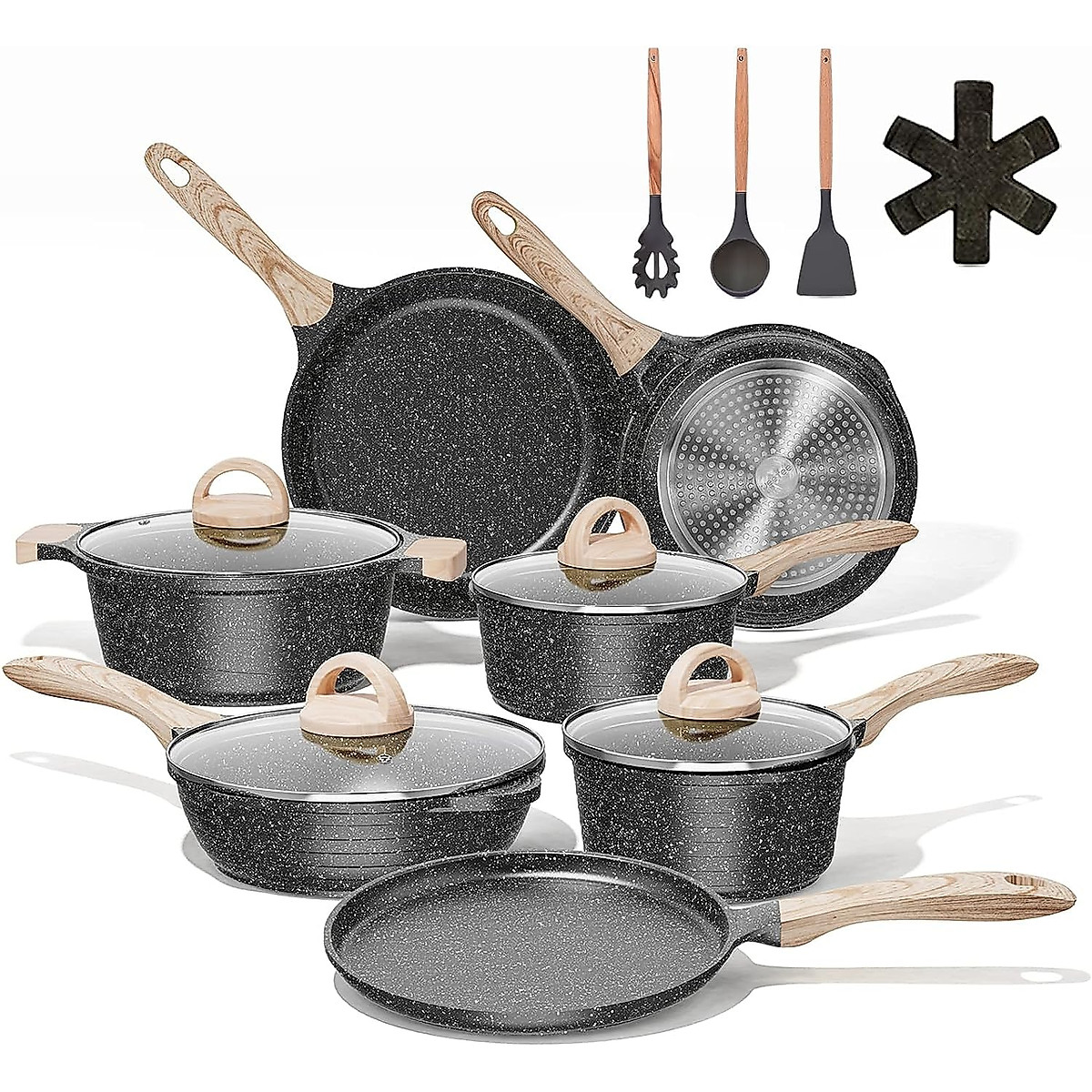 JEETEE Pots and Pans Set Non Stick Induction Cookware Sets, 19 Pcs w/Frying Pan, Saucepan, Sauté Pan, Griddle Pan, PFOA Free