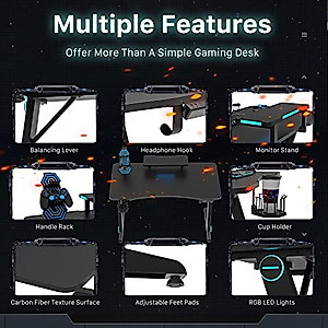 JOY worker RGB Gaming Desk 47 Inch with Led Lights, Music Sync Computer Gamer Desk, Carbon Fiber Surface PC Gaming Desk with Monitor Stand, Ergonomic Z Shaped Gaming Table with Plug Board Holder,Black