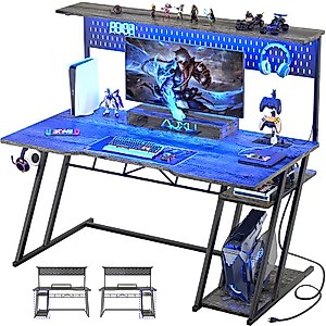 armocity 55'' Gaming Desk with Hutch and LED Lights, Gaming Computer Desk with Storage Shelves & Z-Shaped Legs, Reversible PC Gaming Desk with Pegboard, Ergonomic Desk for Bedroom, Grey Oak