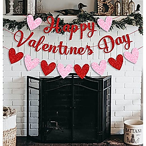 CAVLA Red Glittery Happy Valentine's Day Banner and Red Pink Glittery Hearts Banner Valentine's Day Banner Garland with Heart Signs Valentines Day Party Decorations for Valentines Wedding Anniversary Engagement Party Supplies