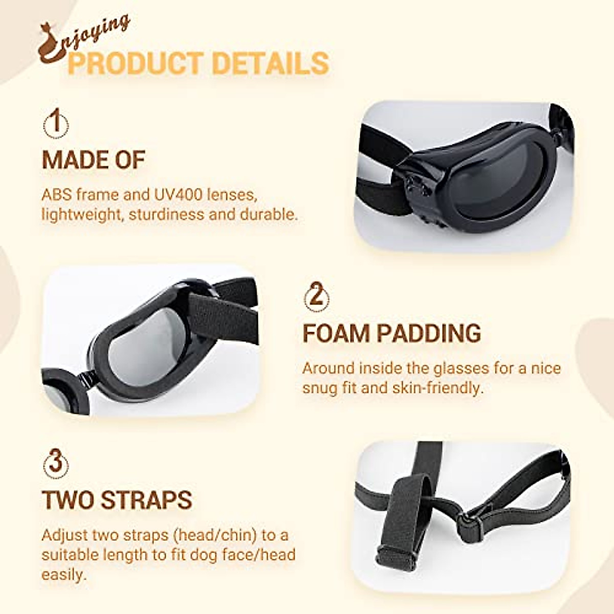 Enjoying Dog Sunglasses Small Breed Dogs Goggles UV Protection Eye Wear Windproof Anti-Fog Pet Glasses for Doggy About Over 5 lbs, Black