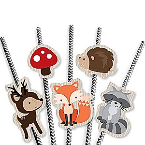 Big Dot of Happiness Woodland Creatures Paper Straw Decor - Baby Shower or Birthday Party Striped Decorative Straws - Set of 24