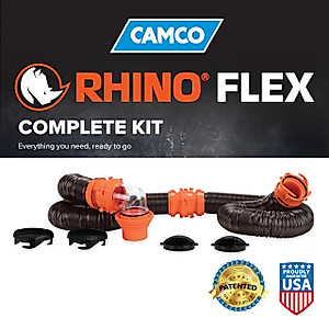 Camco RhinoFLEX 20-Ft Camper/RV Sewer Hose Kit - Features Clear Elbow Fitting w/Removable 4-in-1 Adapter - Connects to 3” Slip or 3”/3.5”/4” NPT Threaded Sewer Connection (39742)