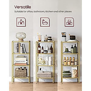 VASAGLE Bookcase, 4-Tier Bookshelf, Slim Shelving Unit for Bedroom, Bathroom, Home Office, Tempered Glass, Steel Frame, Gold Color ULGT28G
