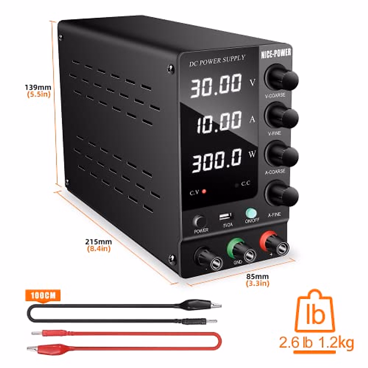 NICE-POWER Adjustable DC Power Supply: 30V 10A Variable Switching Regulated High Precision 4-Digits LCD Display 5V/2A USB Port Output & Input Power Cord Bench Lab Power Supplies
