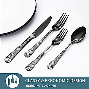 PHILIPALA 20 Pcs Mirror Black Silverware Set, Stainless Steel Flatware Cutlery Set for 4, Tableware Eating Utensils Sets with Unique Floral Design, Dishwasher Safe
